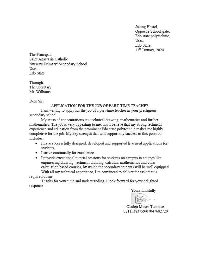 Part-Time Teacher Application Letter | PDF