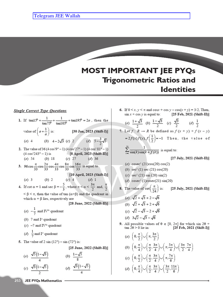 Trigonometric Ration PYQs | Download Free PDF | Trigonometric Functions | Complex Analysis