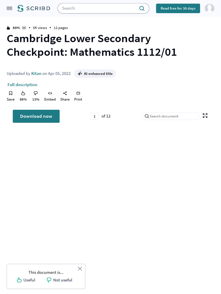 Cambridge Lower Secondary Checkpoint: Mathematics 1112/01: Download Now ...