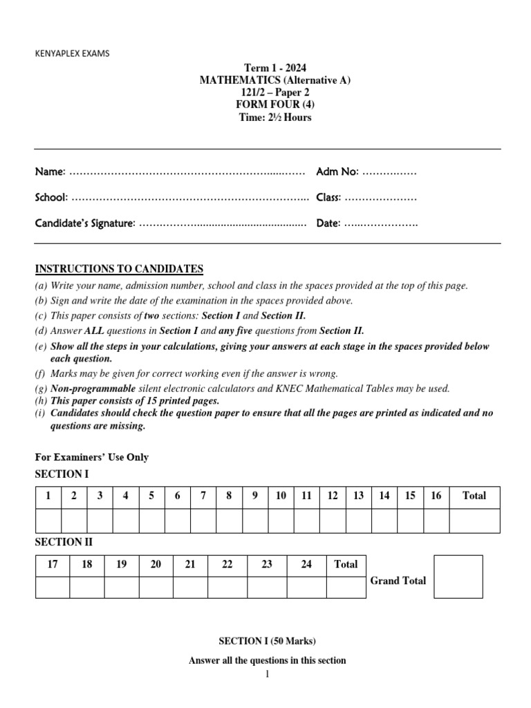 2290 Form 4 Mathematics Paper 2 End of Term 1 Examination 2024 PDF ...