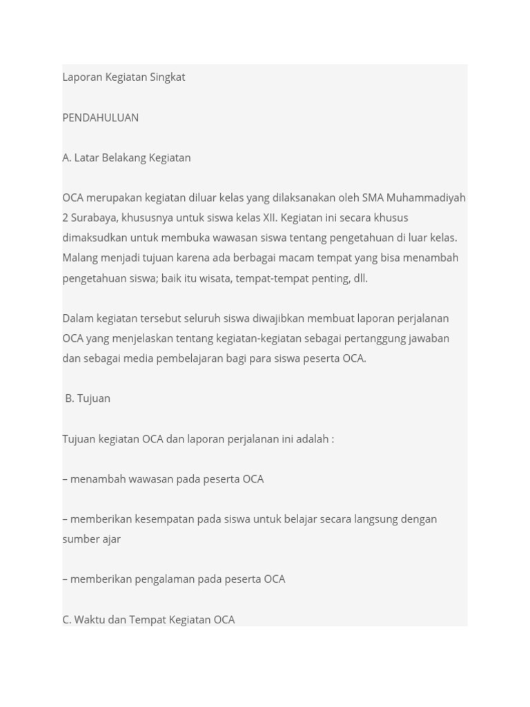 Laporan Kegiatan Singkat Oca 12 | PDF