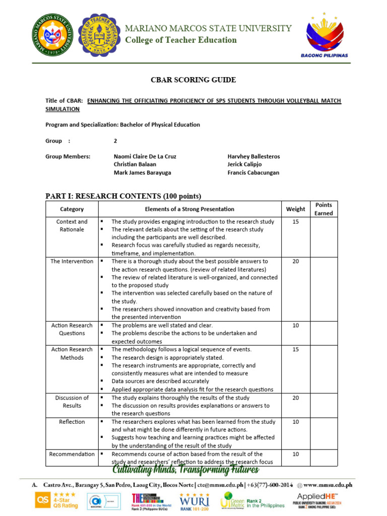 Cbar Scoring Guide | PDF | Action Research | Methodology