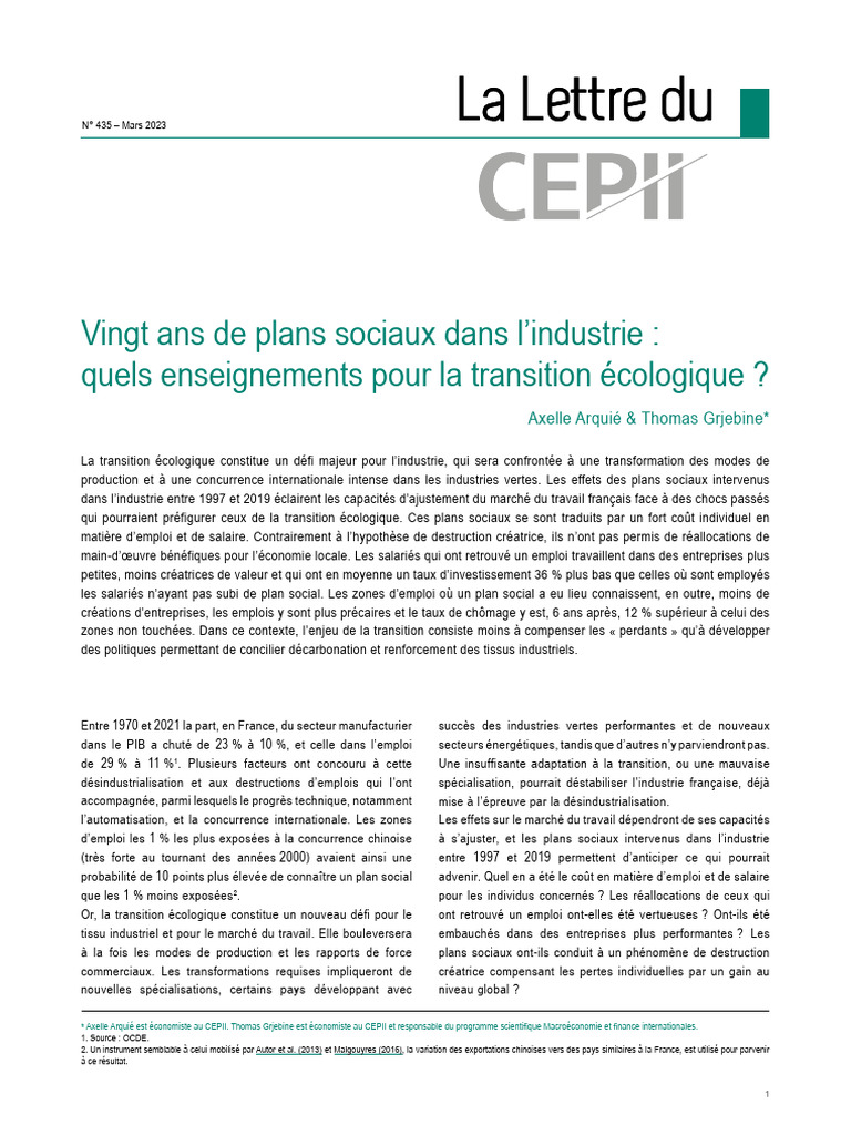 Cepii Desindustrialisation Transition Eco Mars 2023 | PDF | Chômage ...
