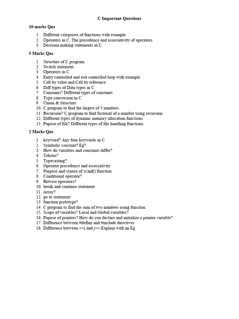 C Imp Qns | PDF | Technology & Engineering