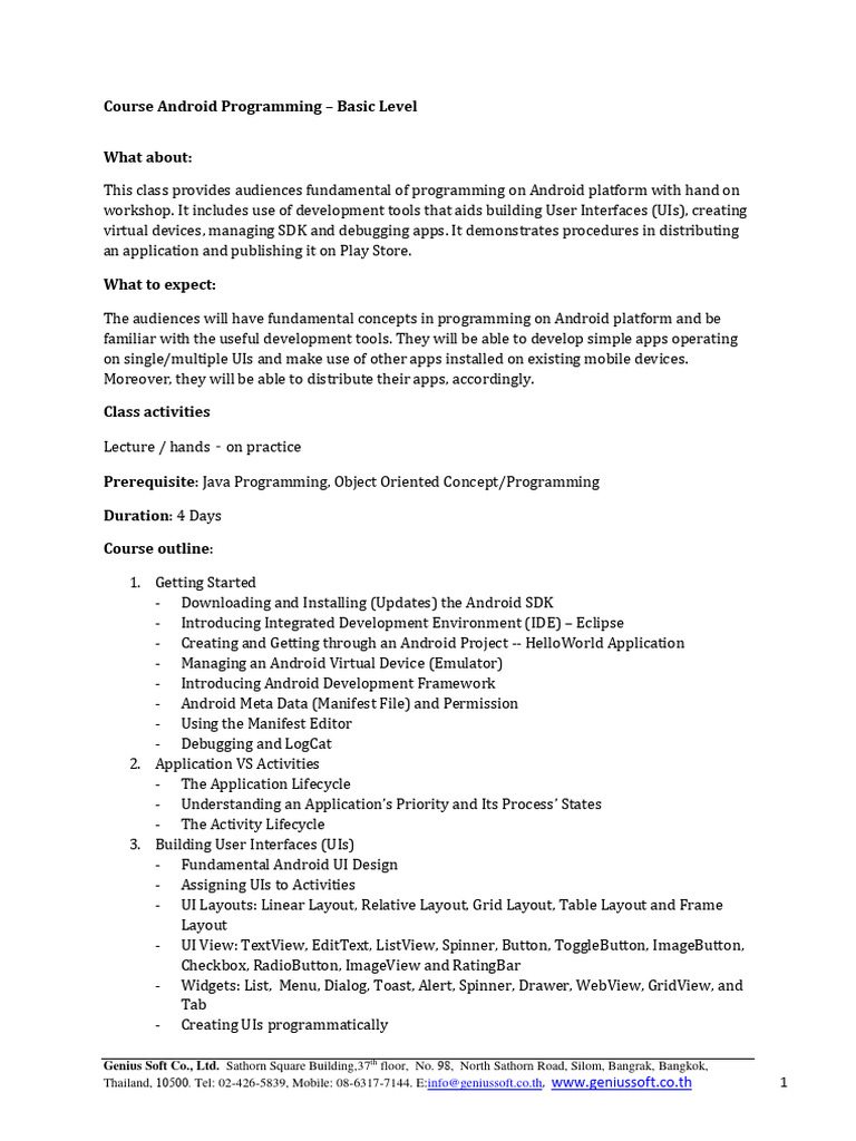 Geniussoft Smartapps Course Outline Android V2 Pdf Android Operating System Mobile App