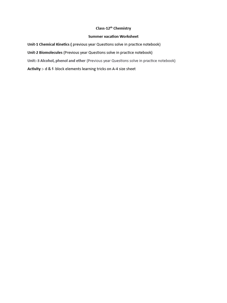 12th Chemistry Summer Vacation Worksheet | PDF | Teaching Methods ...