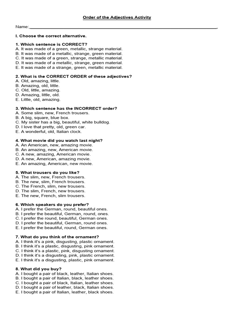 Order of The Adjectives Exercises | PDF | Clothing