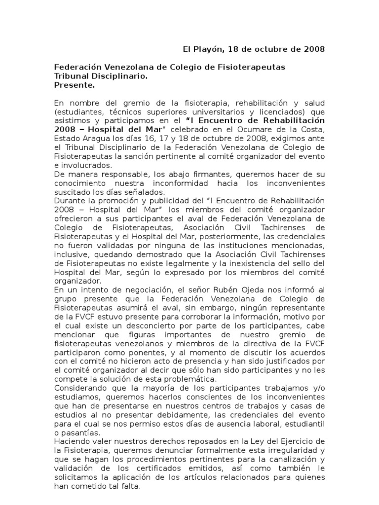 Denuncia A La FVCF | PDF | Terapia física | Venezuela
