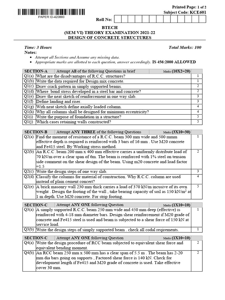 Btech Ce 6 Sem Design of Concrete Structures Kce601 2022 | PDF | Beam ... Btech Ce 6 Sem Design of Concrete Structures Kce601 2022 | PDF | Beam ...