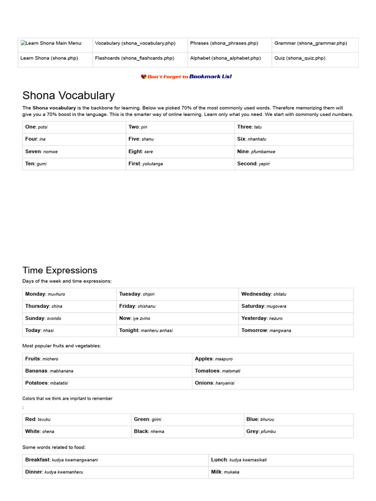Shona Vocabulary - Quick Online Learning | PDF | Vocabulary