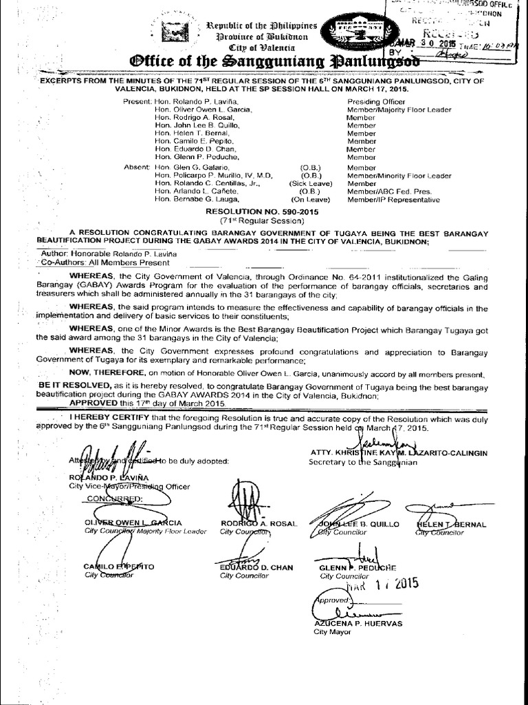 590-2015 Congratulating Tugaya-Best Barangay Beautification Project | PDF