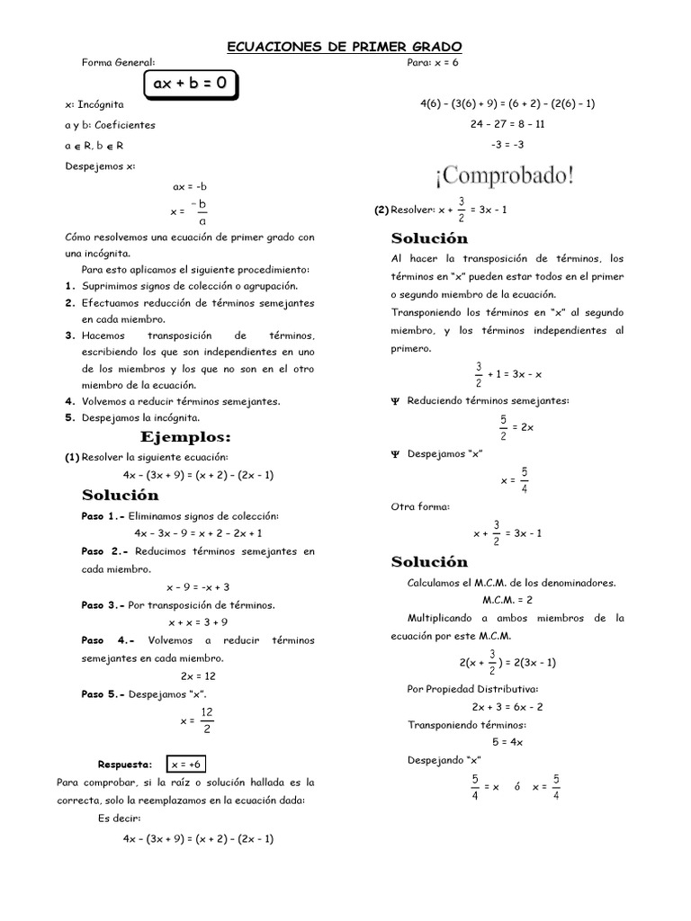 Ecuaciones De 1er Grado Con Una Incognita Para Segundo De Secundaria