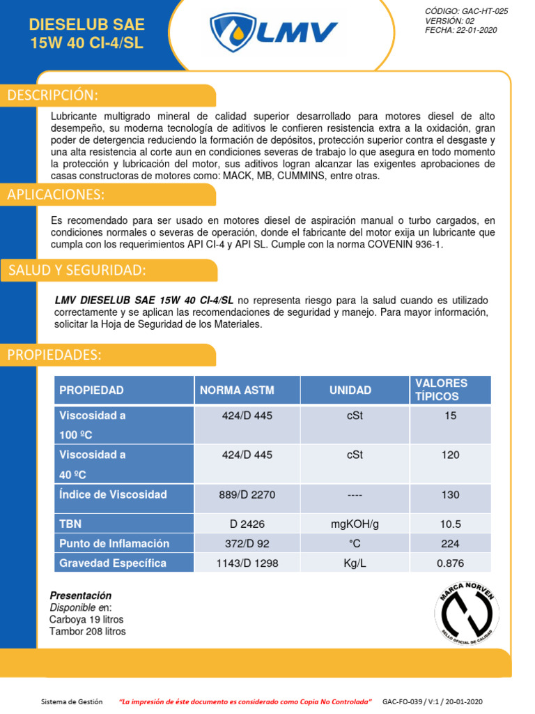 Aceite LMV Dieselub 15W40 CI-4/SL | PDF | Lubricante
