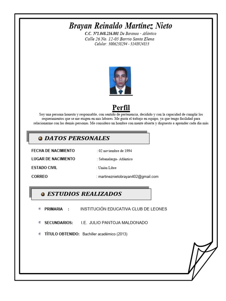 Hoja de Vida de Brayan Martínez | PDF