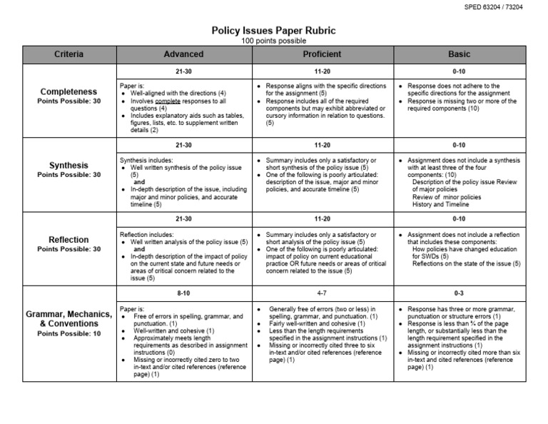 Policy Issues Paper Rubric 1 | PDF