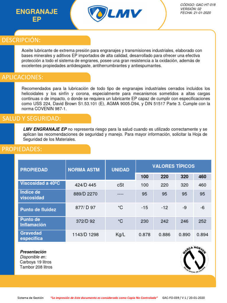 LMV - (Engranaje Ep) Norven | PDF | Engranaje | Lubricante