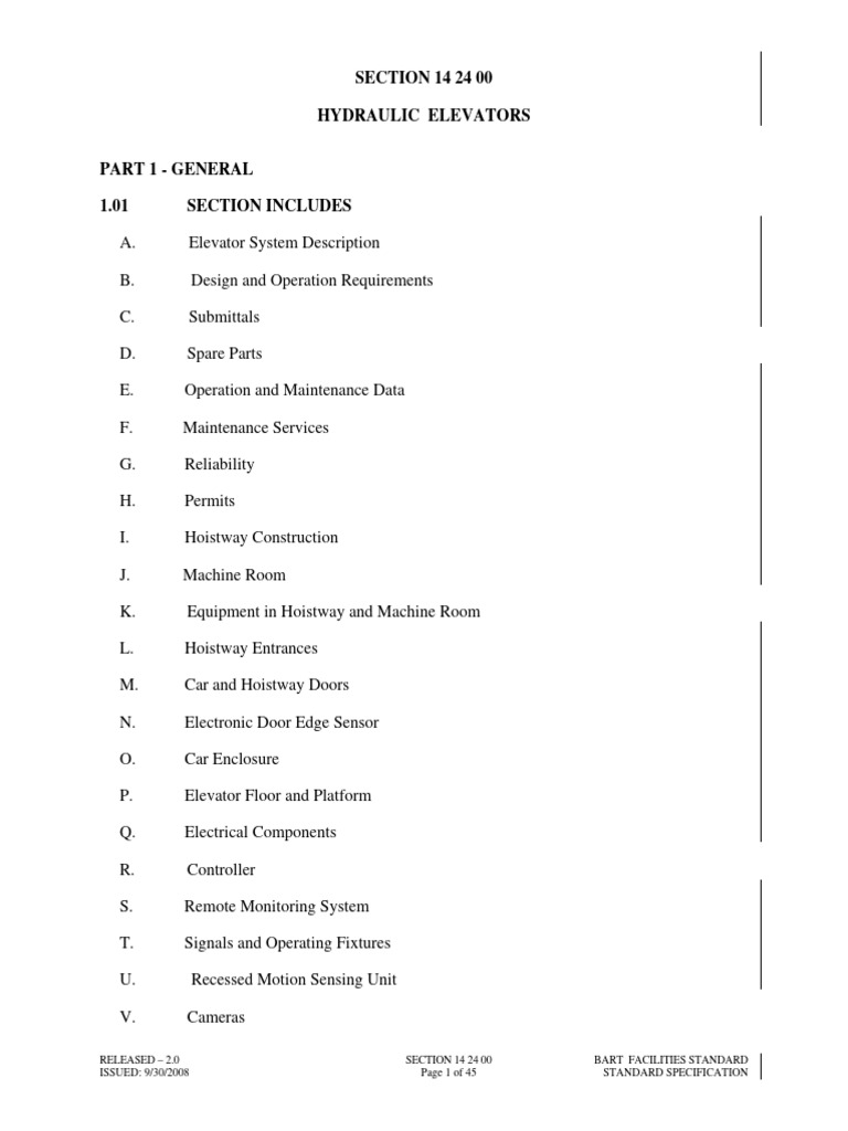 SECTION 14 24 00 Hydraulic Elevators | PDF | Elevator | Reliability Engineering