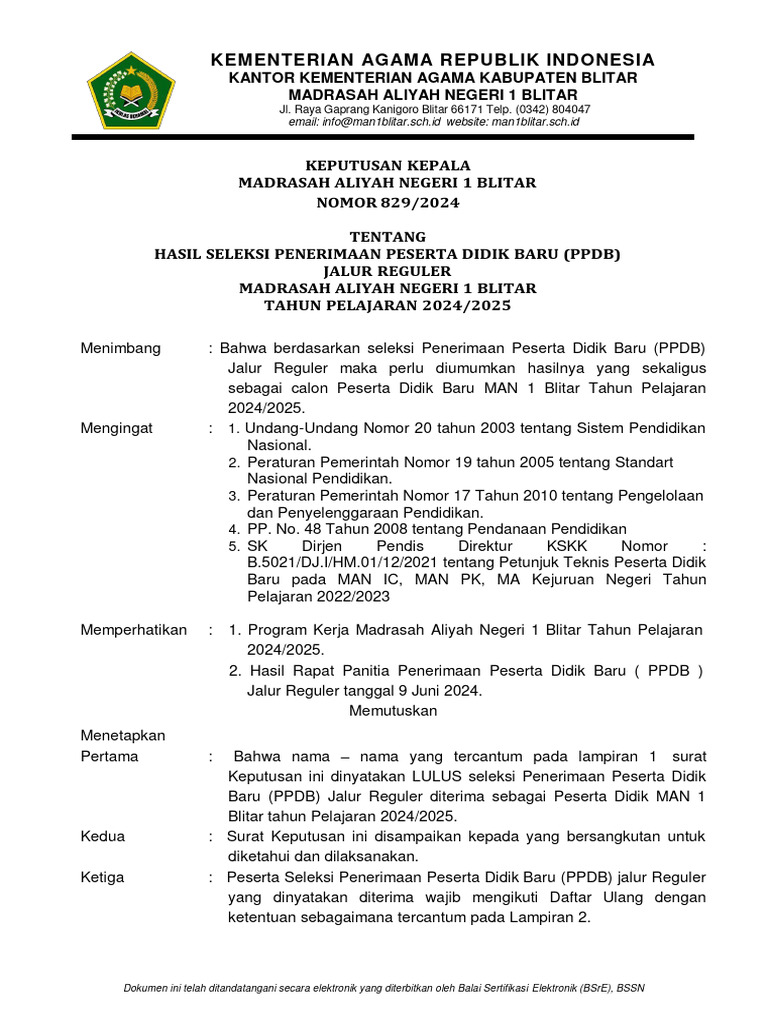 SK Kelulusan PPDB 2024 | PDF