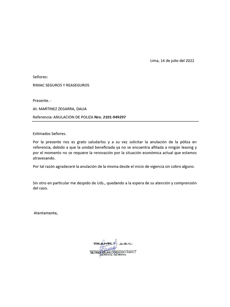 Carta Anulacion de Poliza | PDF