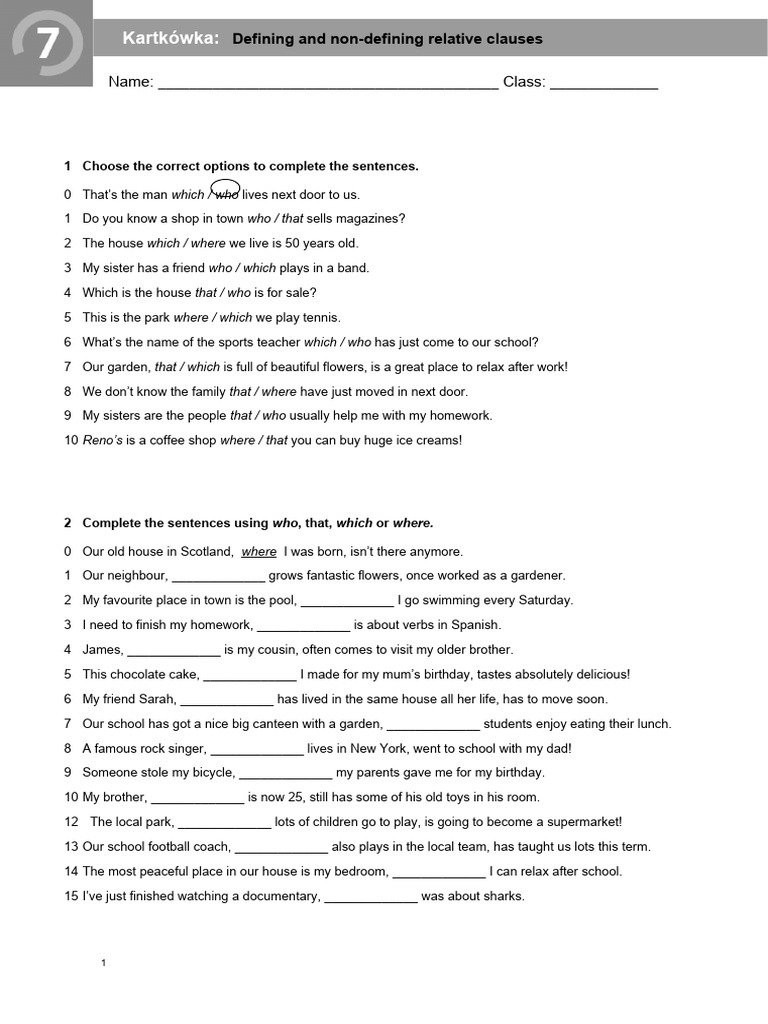 Kartkówka - Relative Clauses | PDF | Linguistics | Grammar