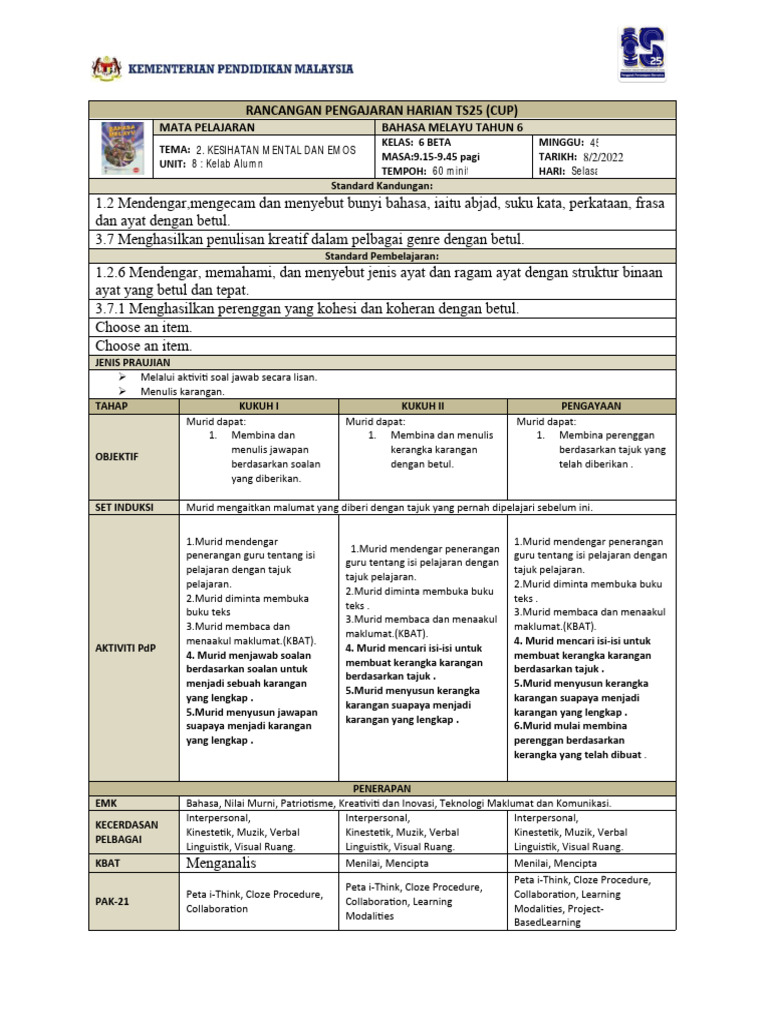 RPH Cup-Bm T6 (Tapak) | PDF | Karier & Perkembangan | Seni & Disiplin Bahasa