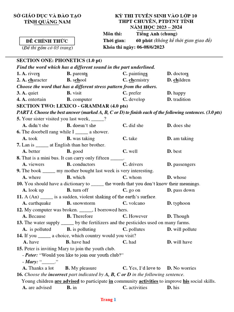 De Thi Tuyen Sinh Vao Lop 10 THPT Mon Tieng Anh Chuyen So GD Quang Nam 7066 | PDF