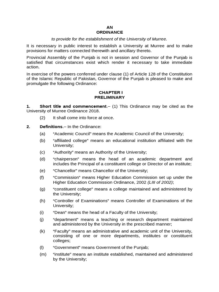 The University of Murree Ordinance 2018 | PDF | University | Professor