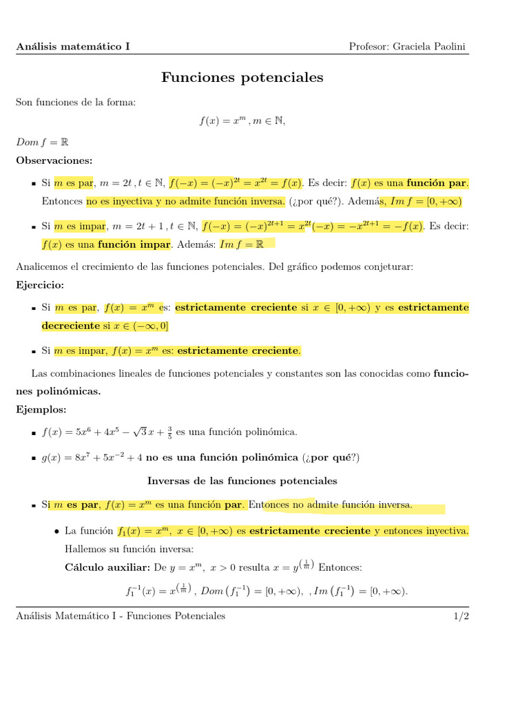 Funciones Potenciales | Descargar gratis PDF | Función (Matemáticas) | Funciones y mapeos