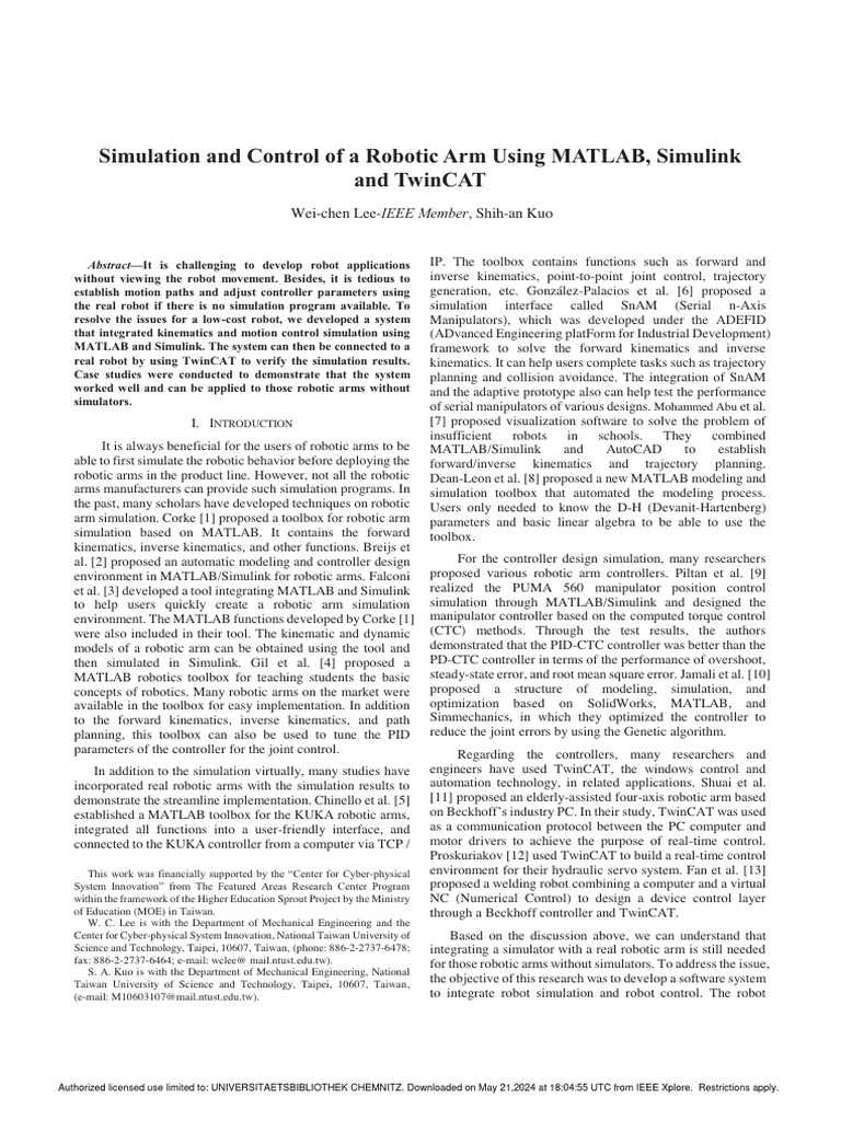 Simulation And Control Of A Robotic Arm Using Matlab Simulink And Twincat Pdf Simulation
