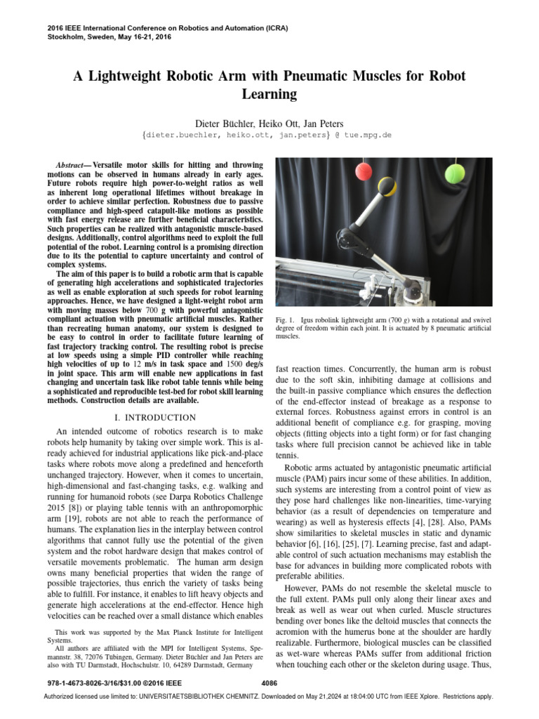 A Lightweight Robotic Arm With Pneumatic Muscles For Robot Learning ...
