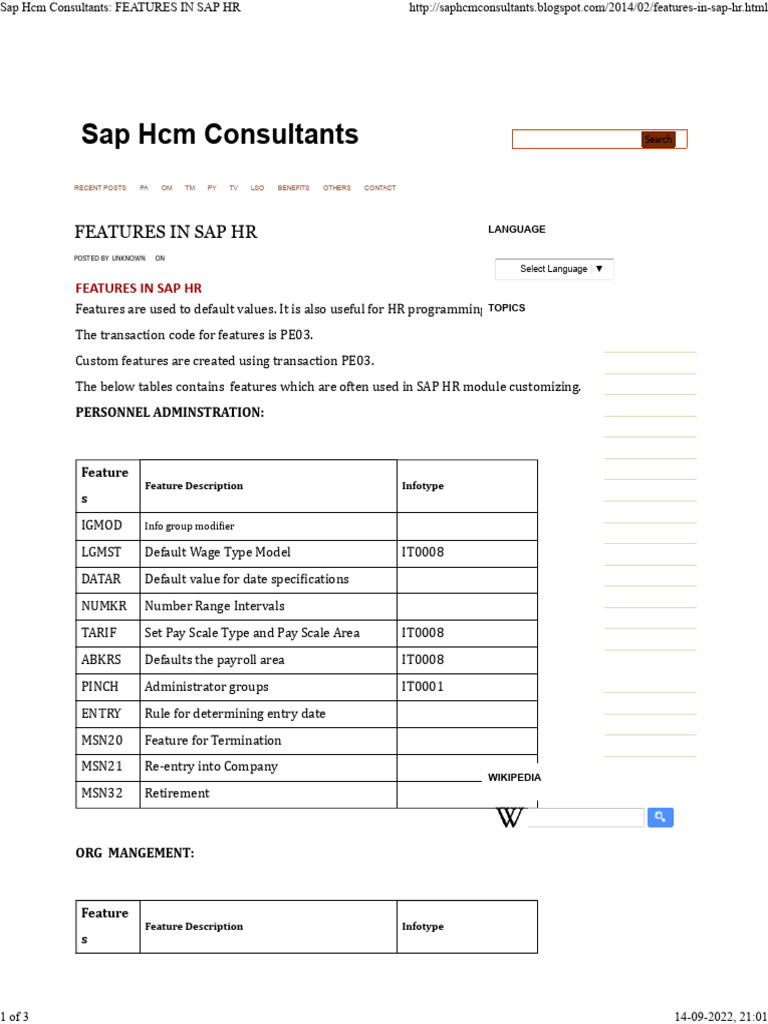 Sap HCM Consultants FEATURES IN SAP HR | PDF | Human Resource Management | Employment