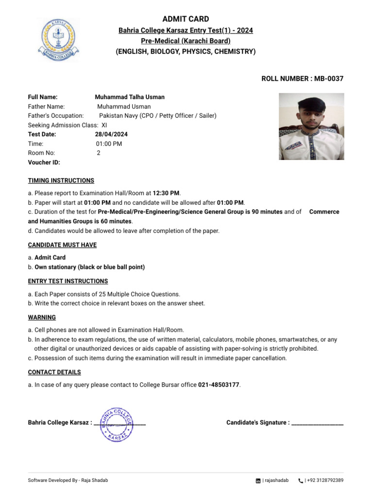 Bahria College Karsaz Entry Test 2024 | PDF