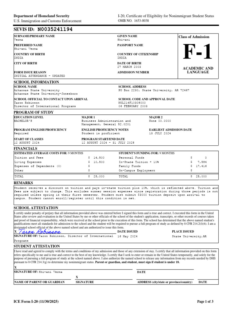 I-20, Certificate of Eligibility for Nonimmigrant Student Status(122 ...