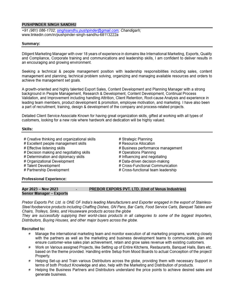 CV - Pushpinder Singh Sandhu - 26.03.24 | PDF | Customer Relationship ...