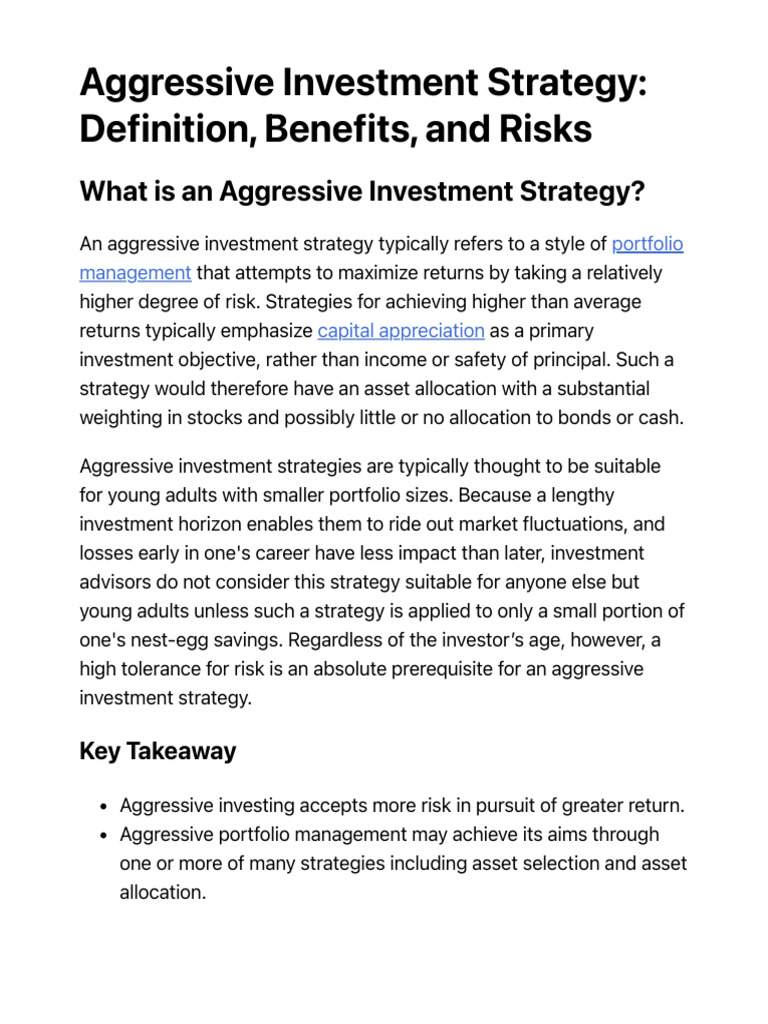 Aggressive Investment Strategy - Definition, Benefits, and Risks | PDF ...
