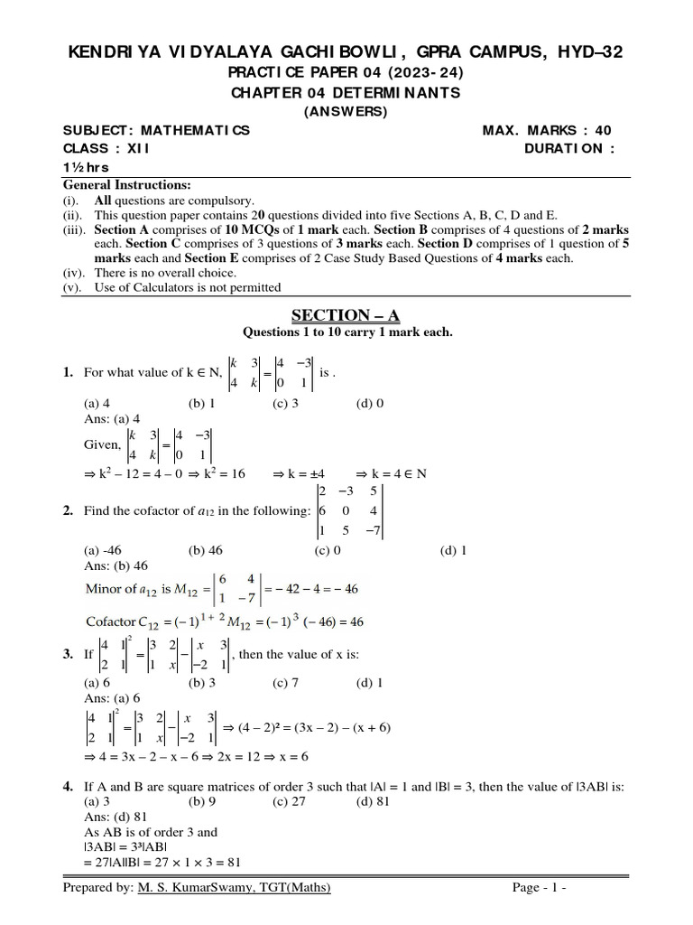Class 12 Maths Practice Paper: Determinants | PDF | Determinant | Matrix (Mathematics)