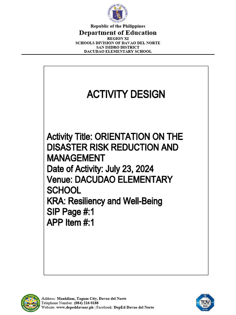 Orientation On DRRM Activity Design | PDF | Risk | Safety