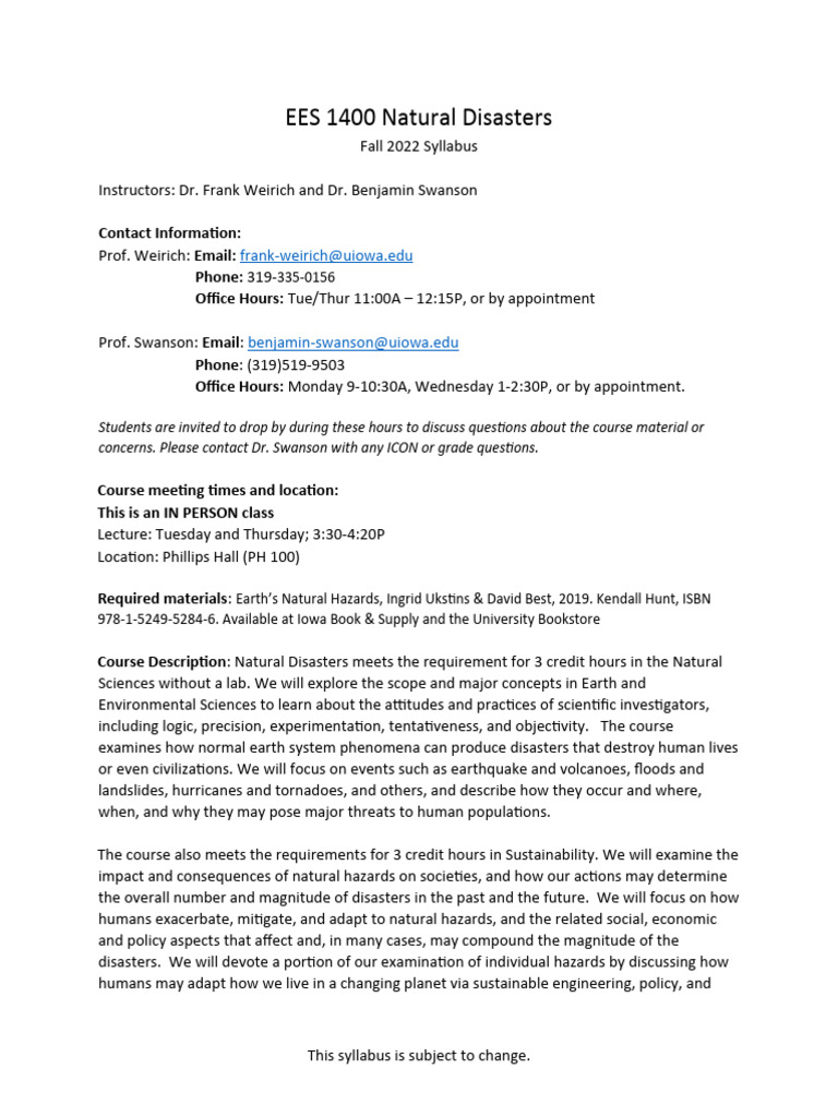 EES1400 Syllabus Fall22 | PDF | Hazards | Natural Disasters