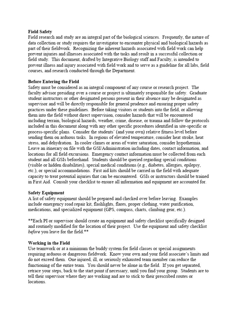 Field Work Safety Reminders | PDF | Underwater Diving | Safety