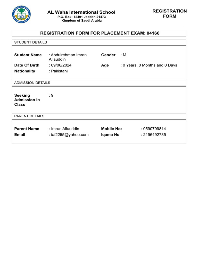 Admission Form | PDF | Educational Stages