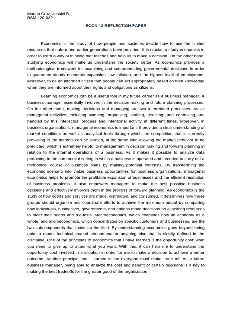 Econ 12 Reflection Paper | PDF | Economics | Opportunity Cost