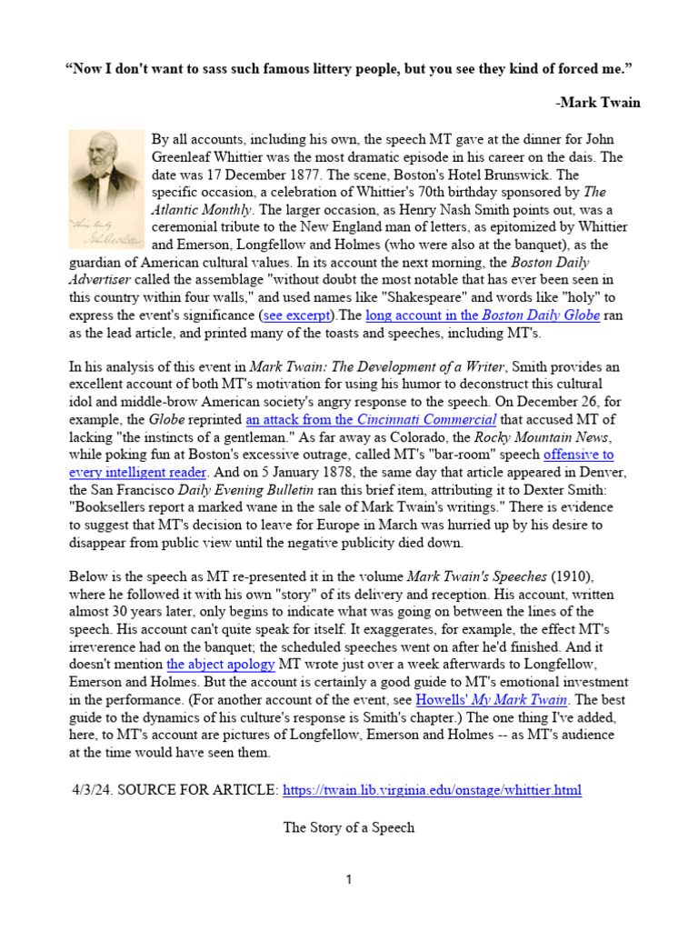 Twain Mark Whittier Birthday Speech 8pp | PDF | Henry Wadsworth ...