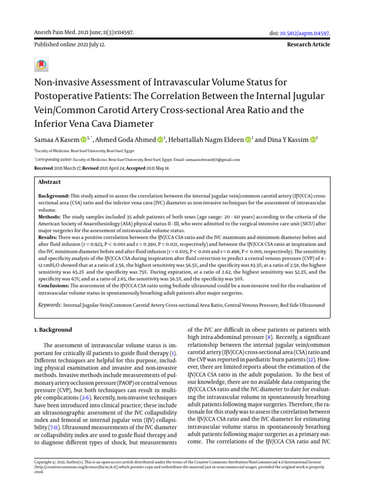 Correlation BTWN IJV and IVC Diameter | PDF | Receiver Operating ...