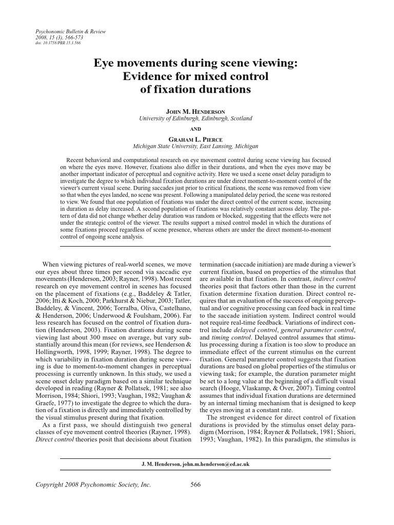 Eye Movements During Scene Viewing Evidence For Mixed Control of Fixation Durations | PDF ...