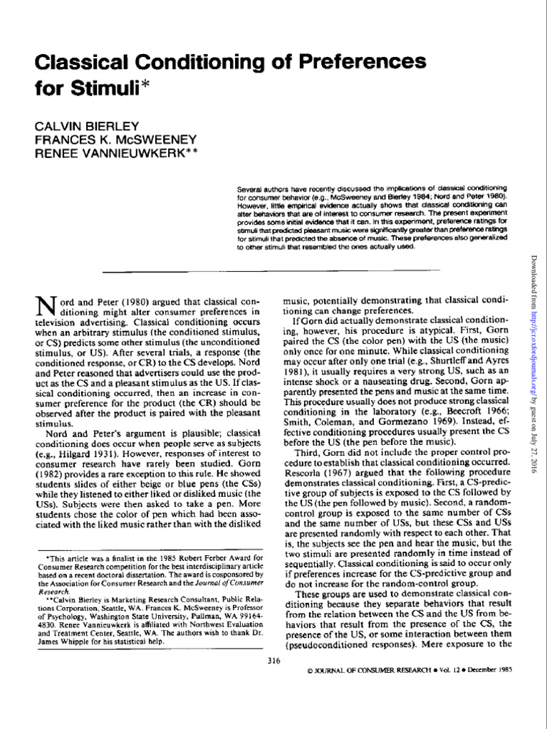 Bierley1985 - Classical Conditioning of Preferences For Stimuli | PDF | Classical Conditioning ...