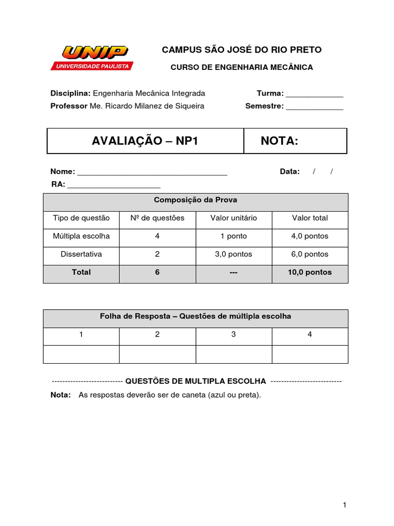 PROVA NP1 - 2024 - Eng Mecanica Integrada | PDF | Transferência de calor | Calor