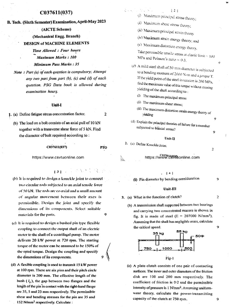 Btech Me 6 Sem Design of Machine Elements c037611 May 2023 | PDF