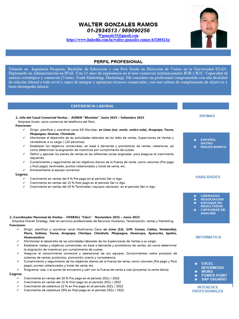 ProfesionalenVentas PostGrado WalterGonzalesRamos-CV23 | PDF | Marketing | Economía Financiera