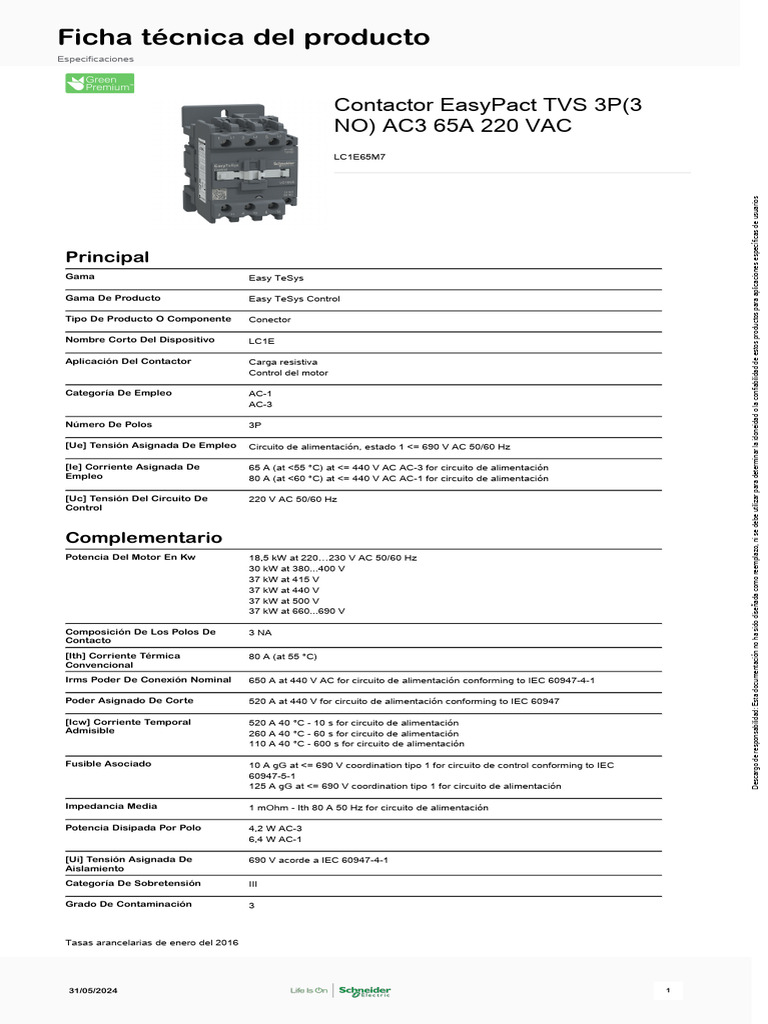 Schneider Electric - EasyPact-TVS-contactores - LC1E65M7 | PDF ...