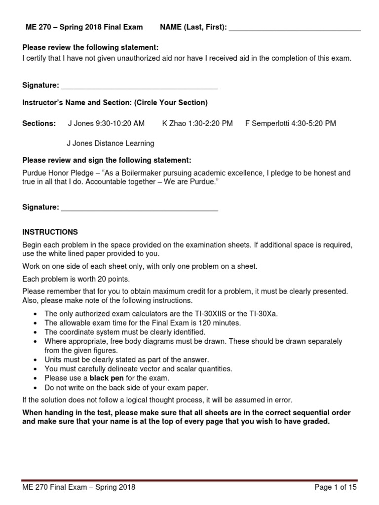 ME 270 Final Exam Sp 18 OriginalFinal Answers | PDF | Force | Stress ...